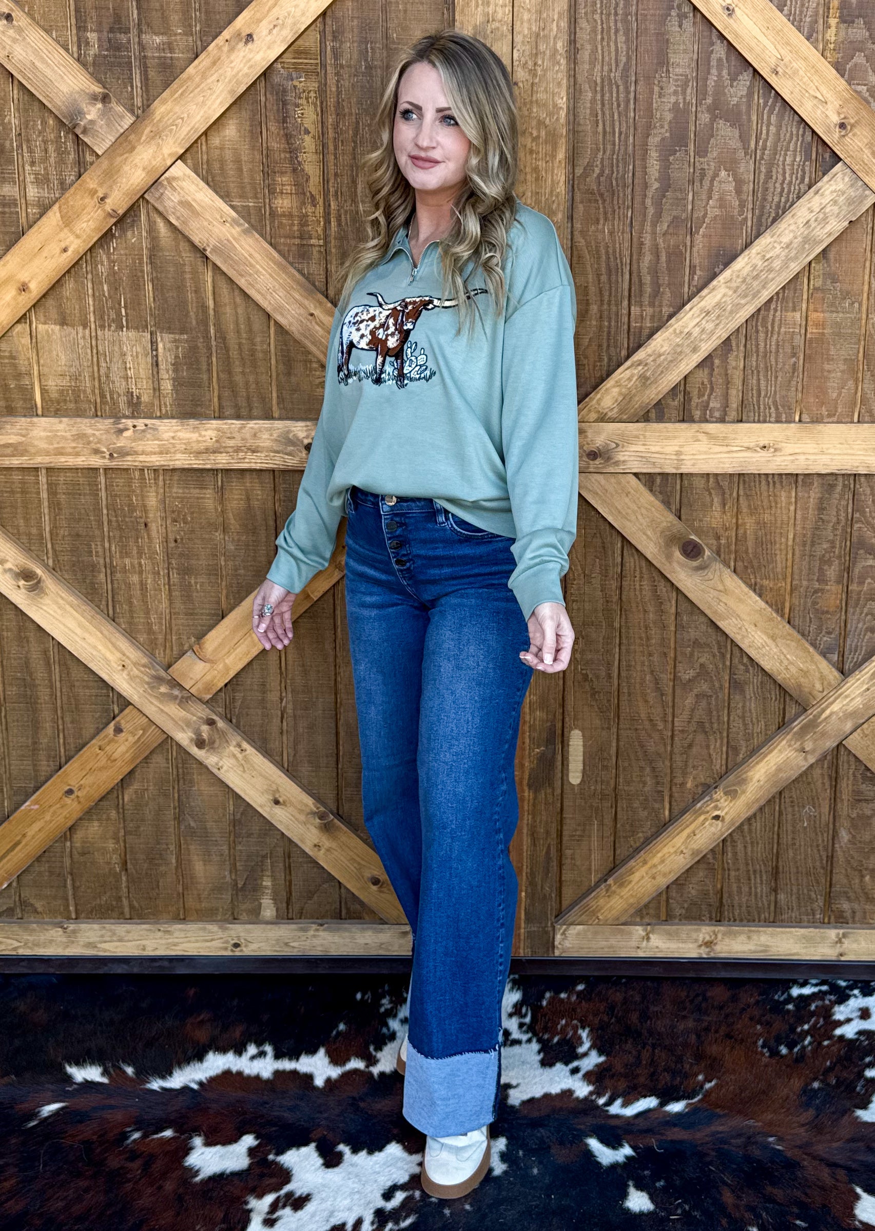 The Longhorn Pullover *Dusty Teal – The Rustic C Boutique